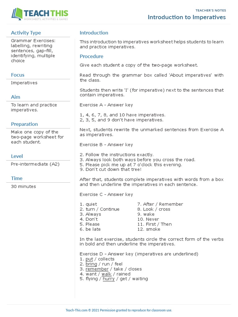 Imperatives Worksheet | PDF | Subject (Grammar) | Syntax