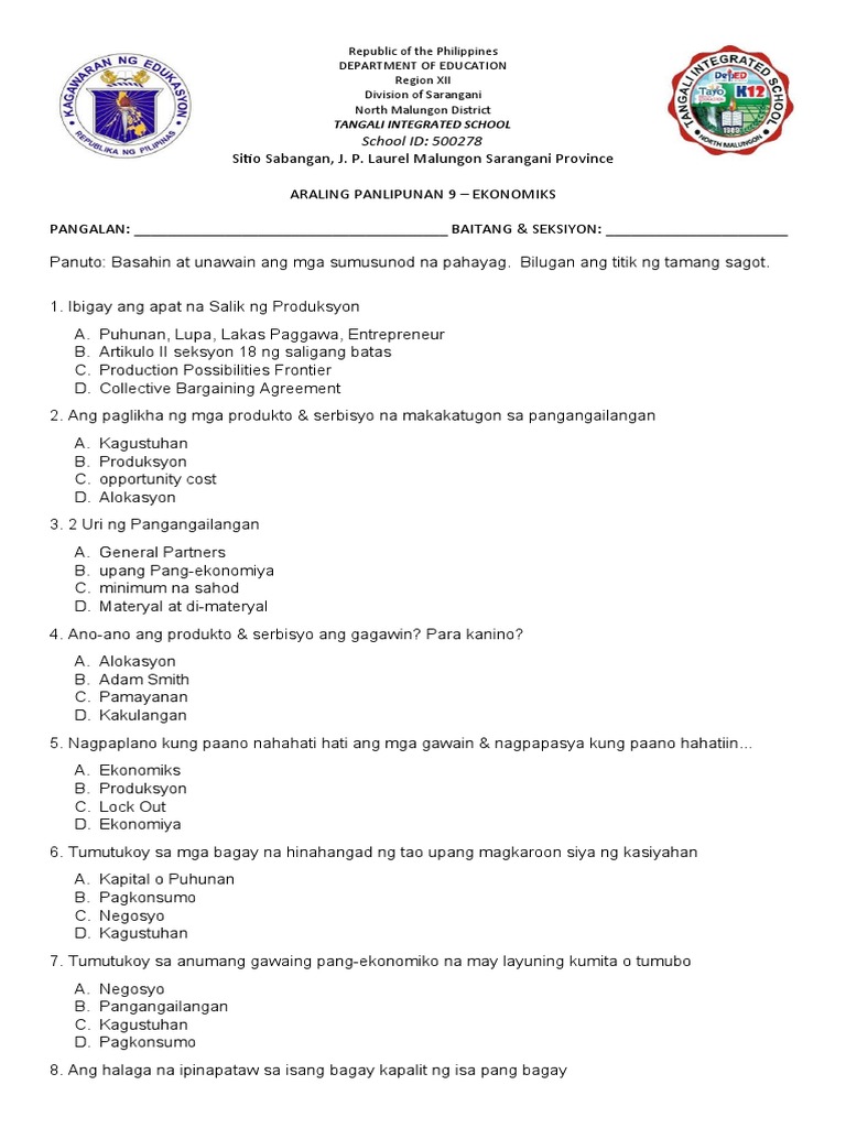 1st Quarter Exam AP G-9 | PDF