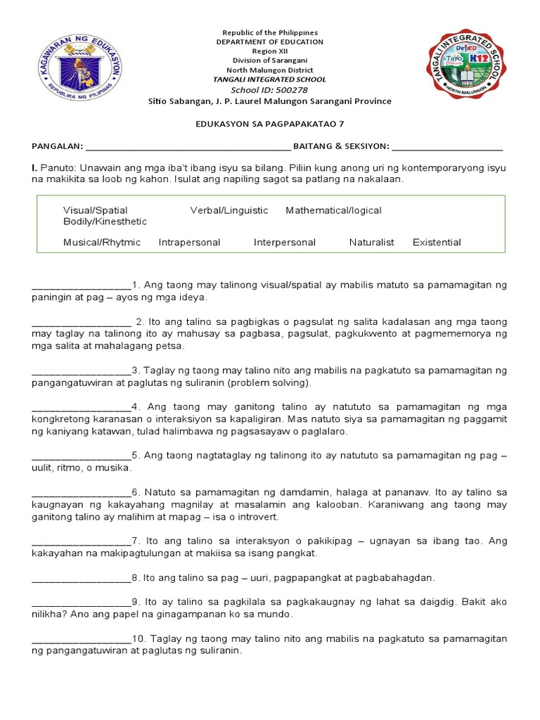 1st Quarter Exam ESP G-7 | PDF