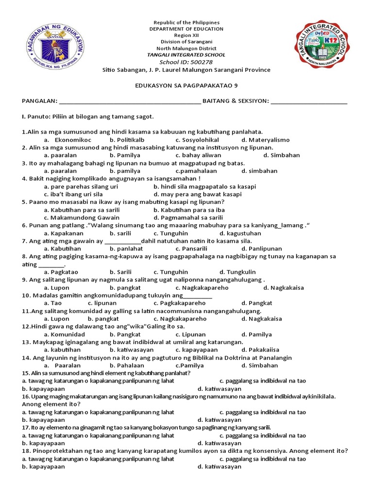 1st Quarter Exam ESP G-9 | PDF