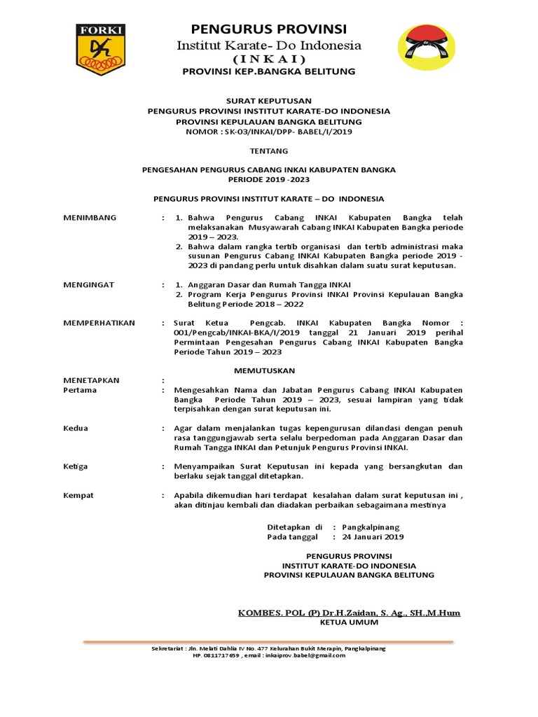 Contoh SK Pengcab INKAI 2019-2023 | PDF