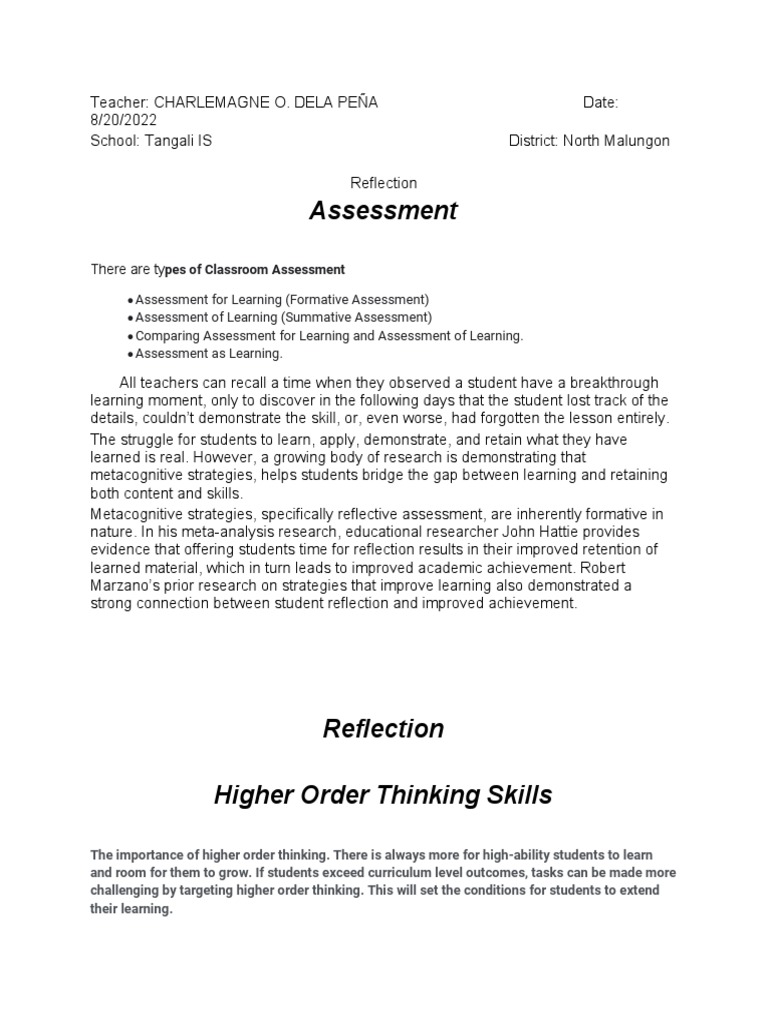 HOTS & Assessment Reflection | PDF | Educational Assessment | Learning