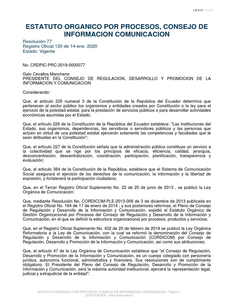 Estatuto Organico Por Procesos, Consejo de Comunicacion | PDF | Participación pública | Regulación