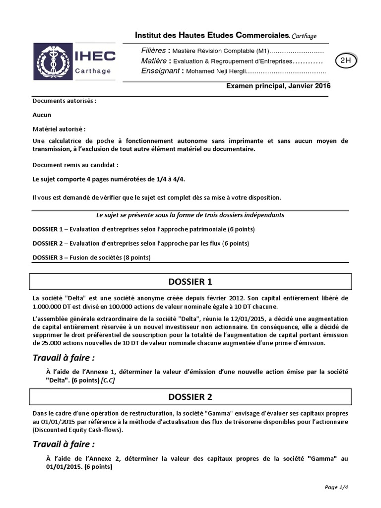 Examen Principal 2016 - M1-Evaluation & Fusions (Enoncé Et Corrigé) | PDF | Comptabilité ...