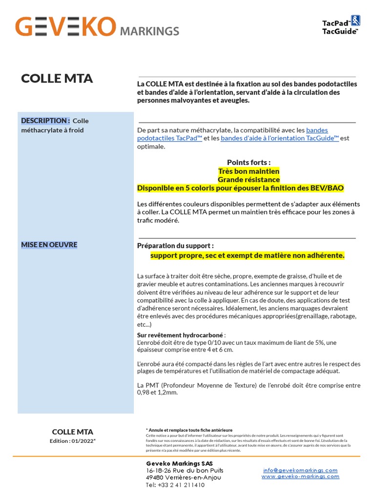 Fiche Technique COLLE MTA - Geveko Markings | PDF | Matériaux