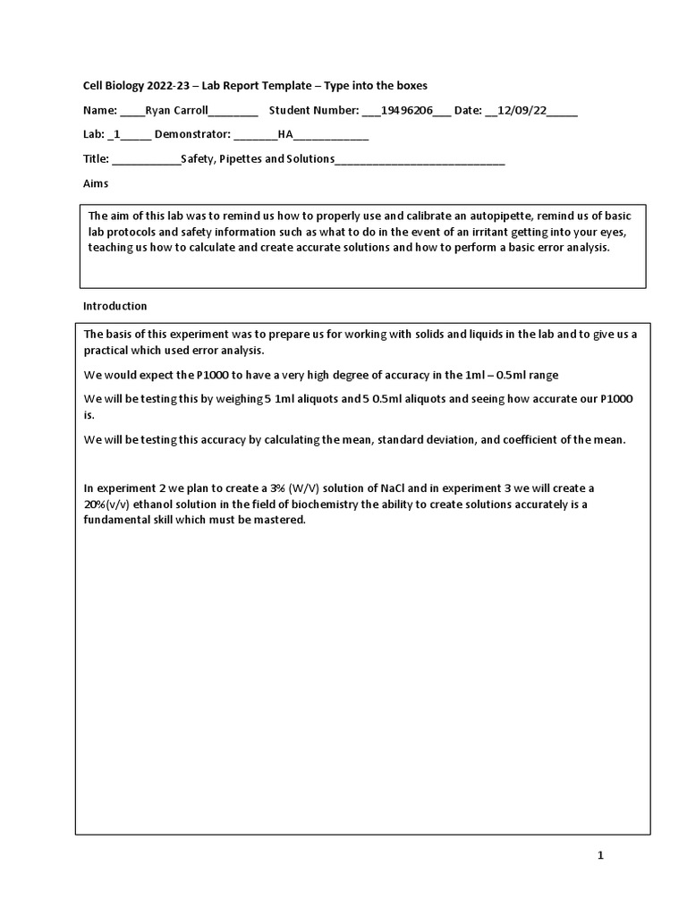 Lab Report: Pipette Accuracy & Solutions | PDF | Experiment | Accuracy And Precision