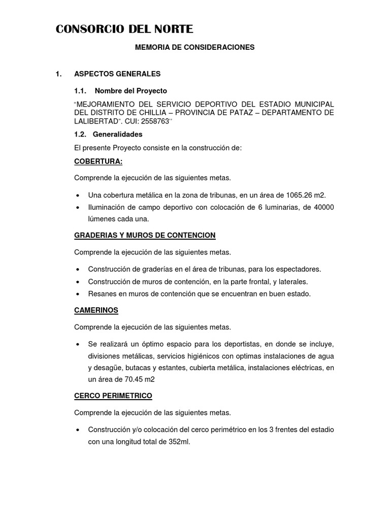 Mejoramiento Estadio Chillia: Proyecto 2022 | PDF