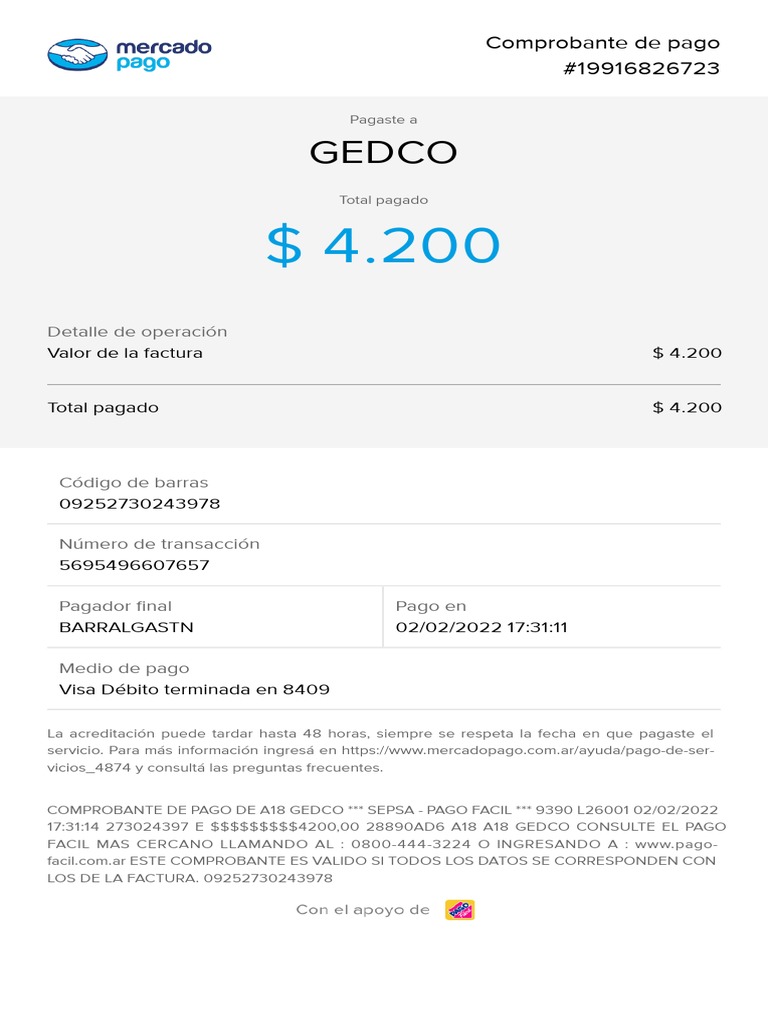 Comprobante de Pago GEDCO $4200 | PDF | Finanzas y dinero