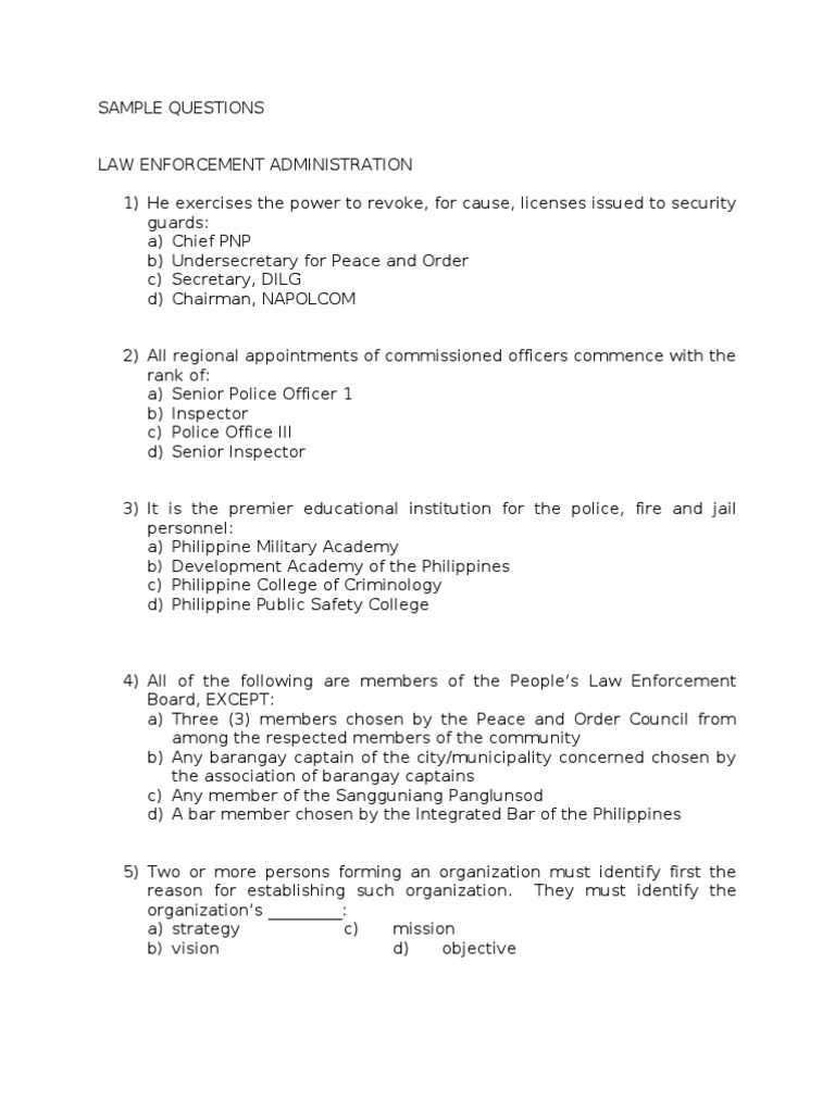 Sample Questions on Law Enforcement Administration and Policing ...