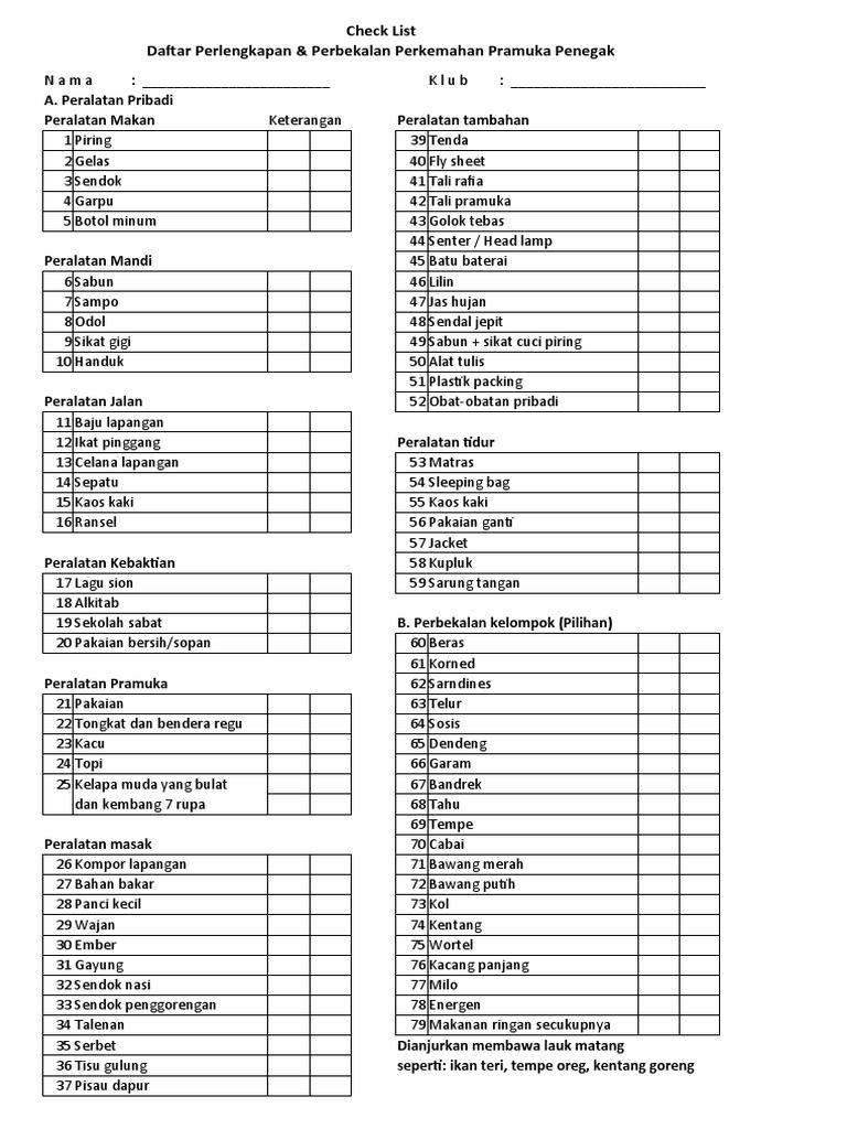 Check List Perlengkapan Dan Perbekalan Pramuka Penegak | PDF