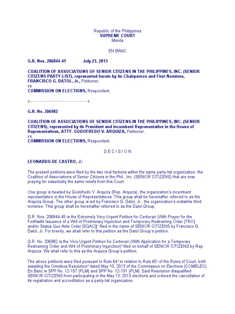 Philippines SC Ruling on Senior Citizens Party-List | PDF | Injunction ...