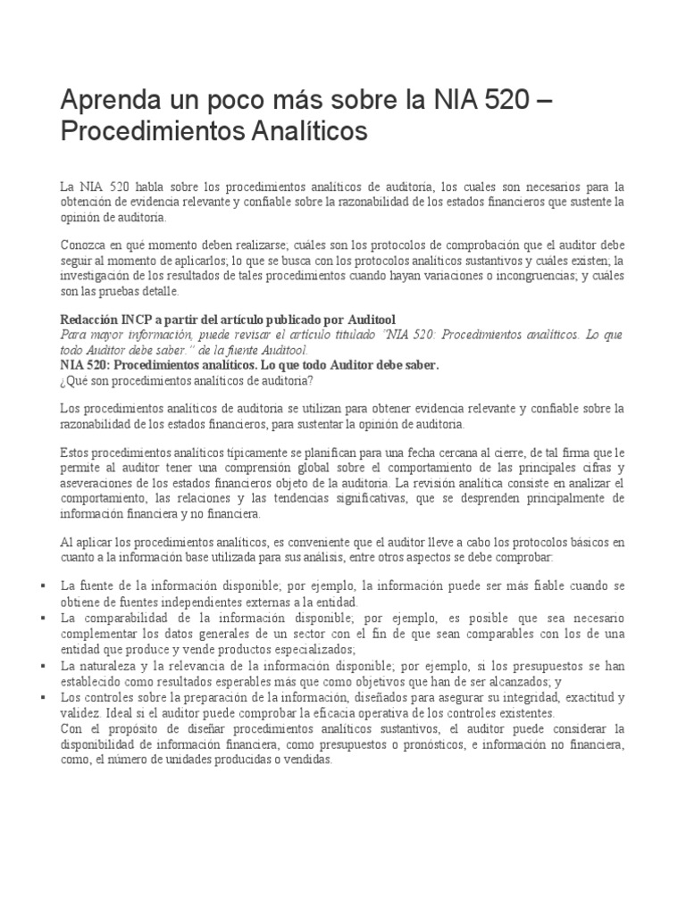 NIA 520 Procedimientos Analiticos | PDF | Auditoría | Contralor