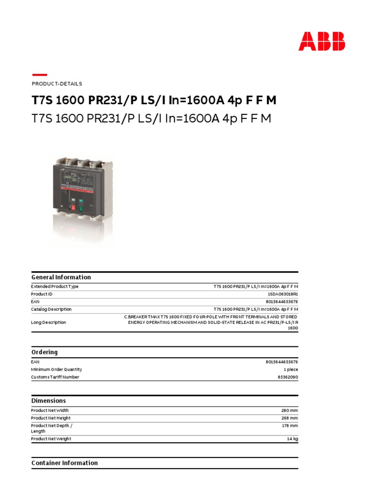 1SDA063018R1 t7s 1600 pr231 P Ls I in 1600a 4p F F M | PDF | Components ...