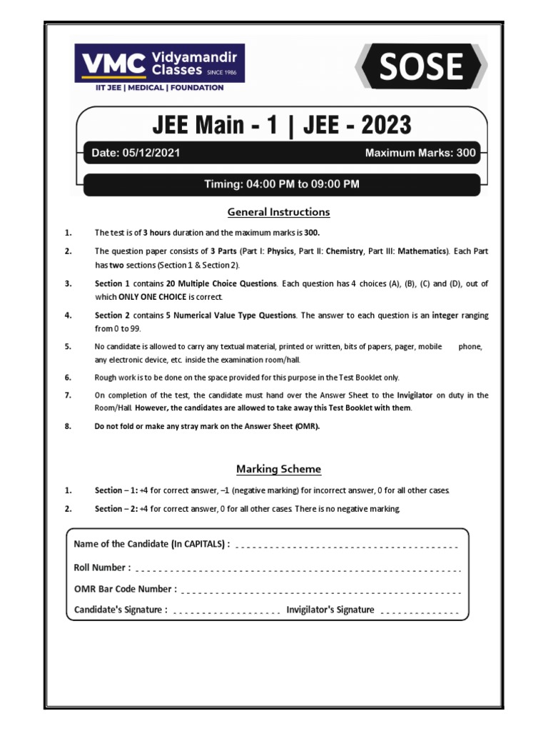 VMC Sose Jee Mains - 1 (Question Paper) | PDF | Mole (Unit) | Force