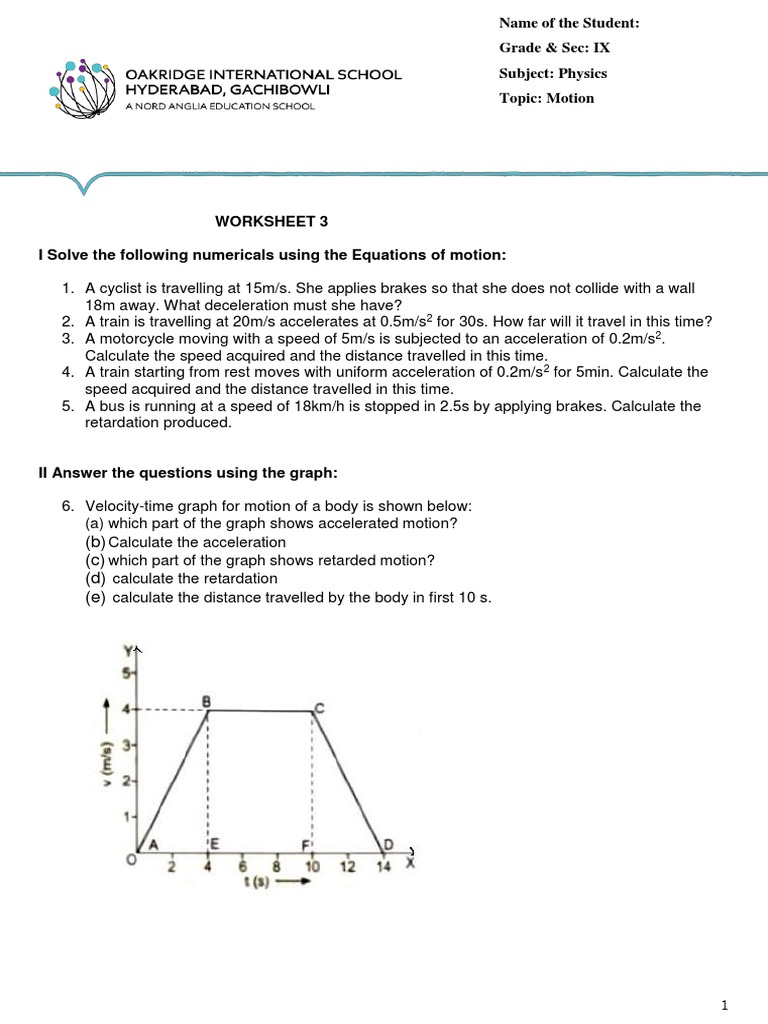 Motion Worksheet 3 Grade 9 | PDF | Acceleration | Speed