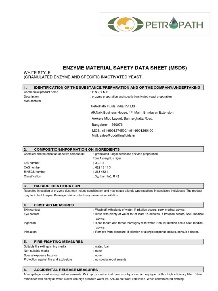MSDS Petropath ENZYME | PDF | Water | Personal Protective Equipment