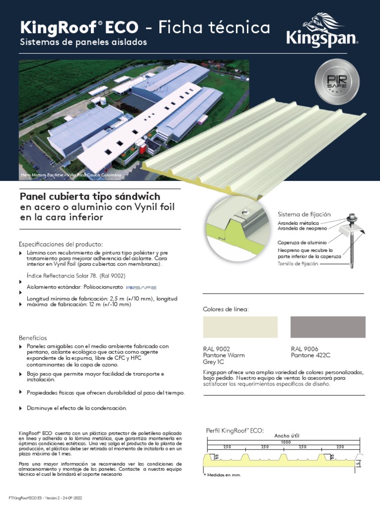 Kingspan KingRoof ECO Sistemas Cubiertas Ficha Tecnica Es | PDF | Aislamiento térmico | Química