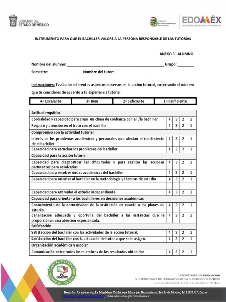 Evaluacion Del Bachiller Al Tutor | PDF | Evaluación | Cognición