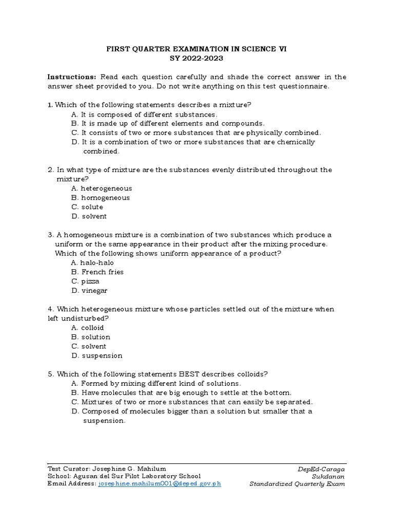 First Quarter Examination in Science Vi SY 2022-2023 Instructions: Read ...