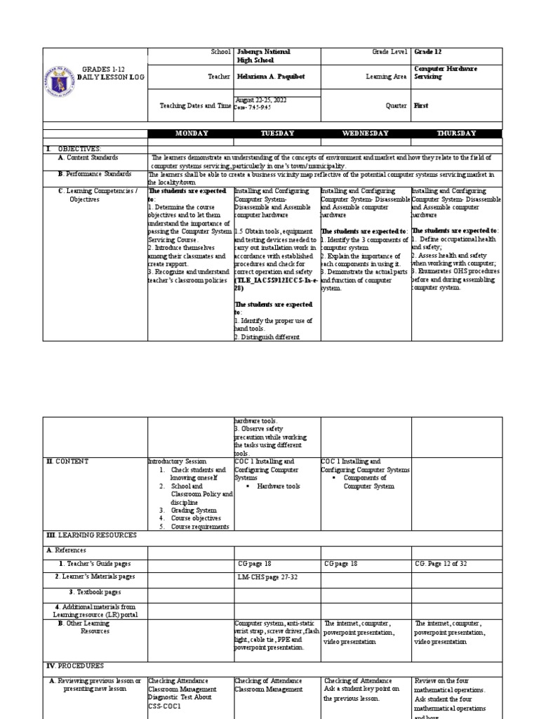 School Grade 12 Computer Hardware Lesson Log | PDF | Computing