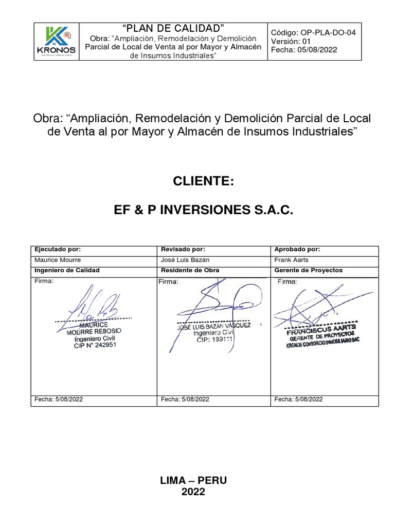 Plan Calidad Kronos | PDF | Fundación (Ingeniería) | Calidad (comercial)