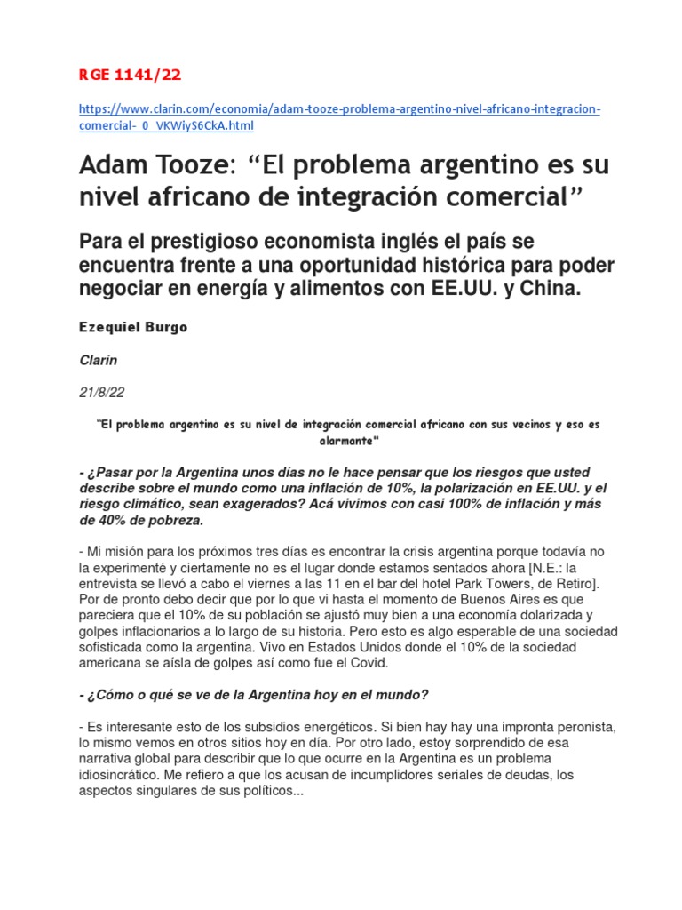 Adam Tooze - El Problema Argentino Es Su Nivel Africano de Integración ...