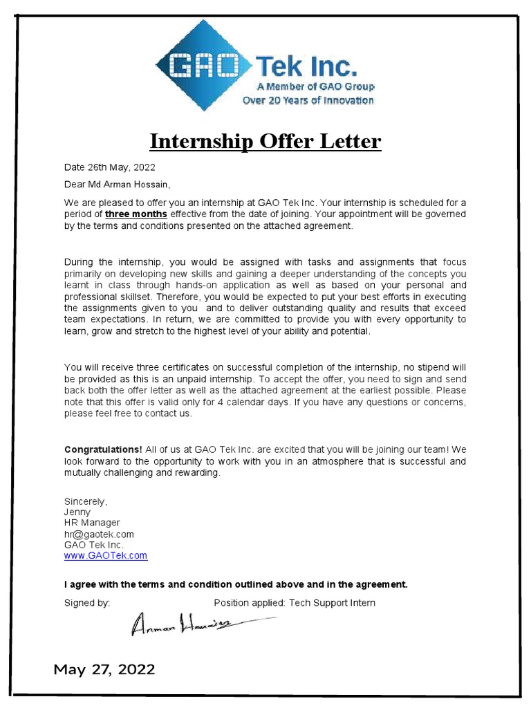 Internship Offer Letter - GAO Tek Inc - Am | PDF