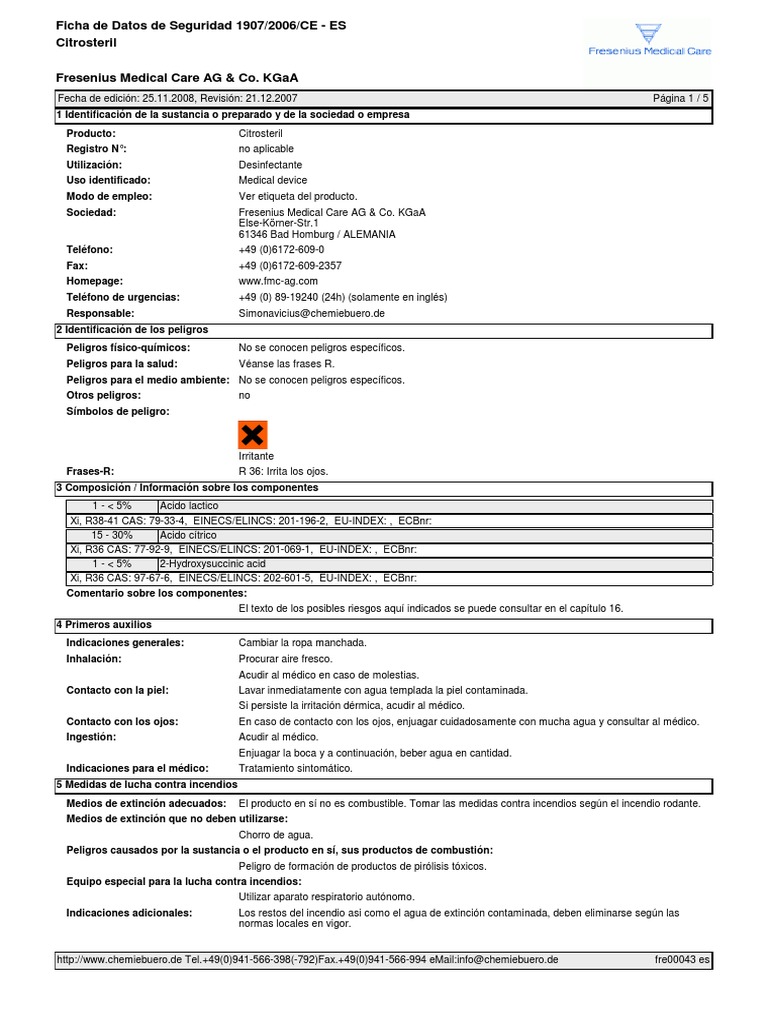 Citrosteril: Ficha de Seguridad y Uso | PDF | Agua | Química