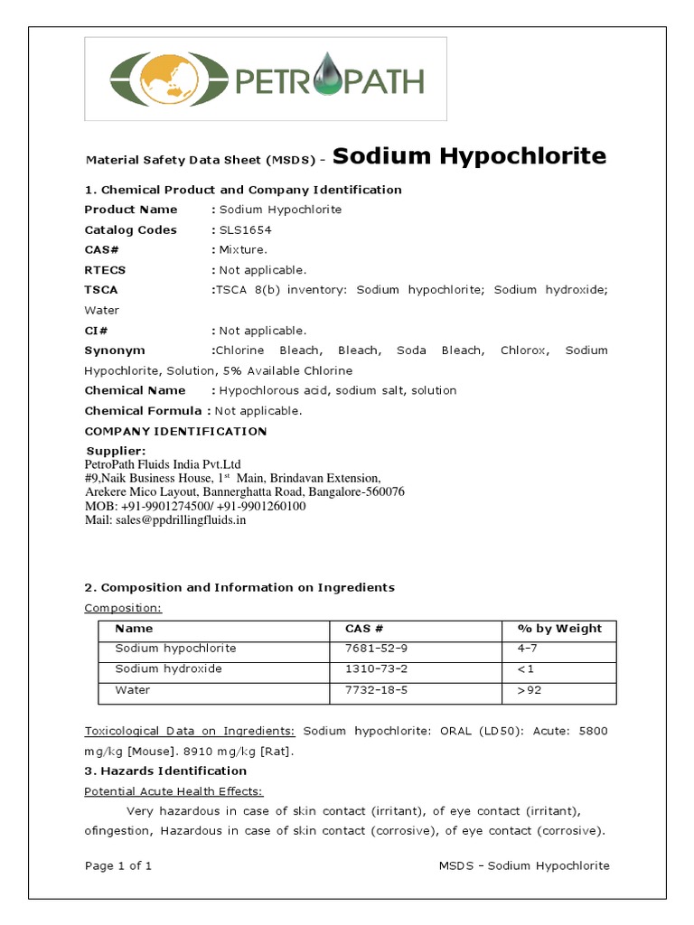 MSDS Petropath Sodium - Hypochlorite | PDF | Chlorine | Ammonia