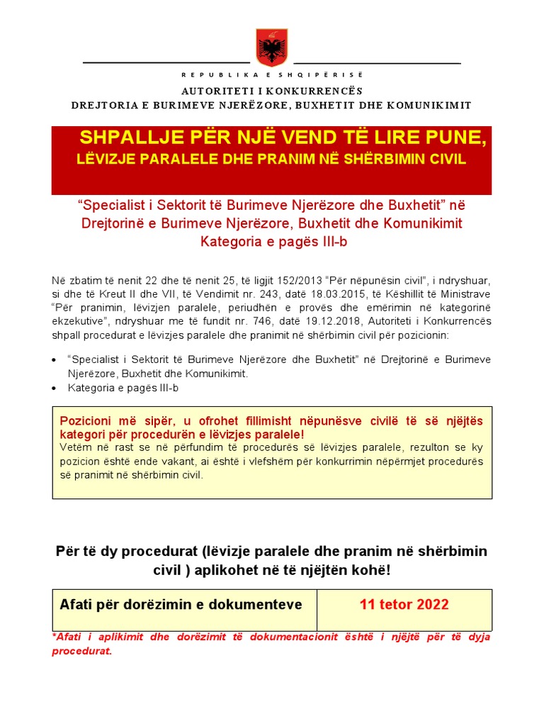 Shpallje Specialist Te Drejtoria e Burimeve Njerezore | PDF