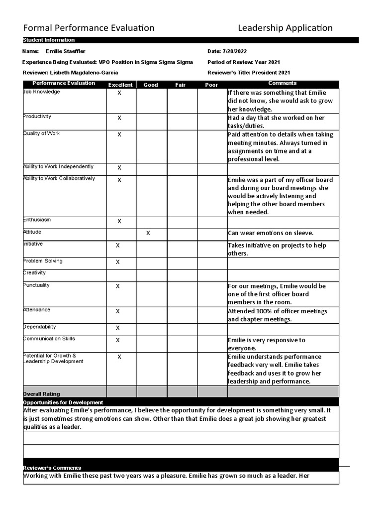 Performance Evaluation For Leadership Application | PDF | Leadership ...