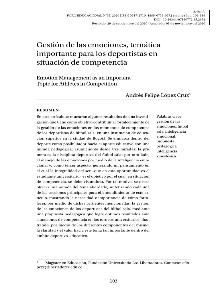 Gestión de Las Emociones, Temática Importante para Los Deportistas en Situación de Competencia ...