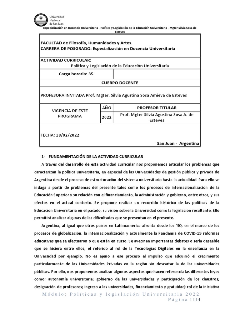Programa Política y Legislación de La Educación Universitaria Prof. Mgter Silvia Sosa 2022 ...