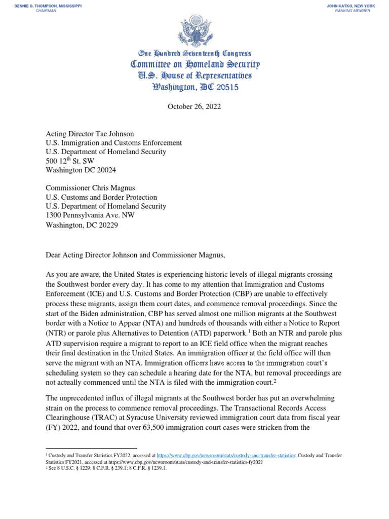 10 26 Katko Letter To ICE and CBP On NTA Filings | PDF | U.S ...