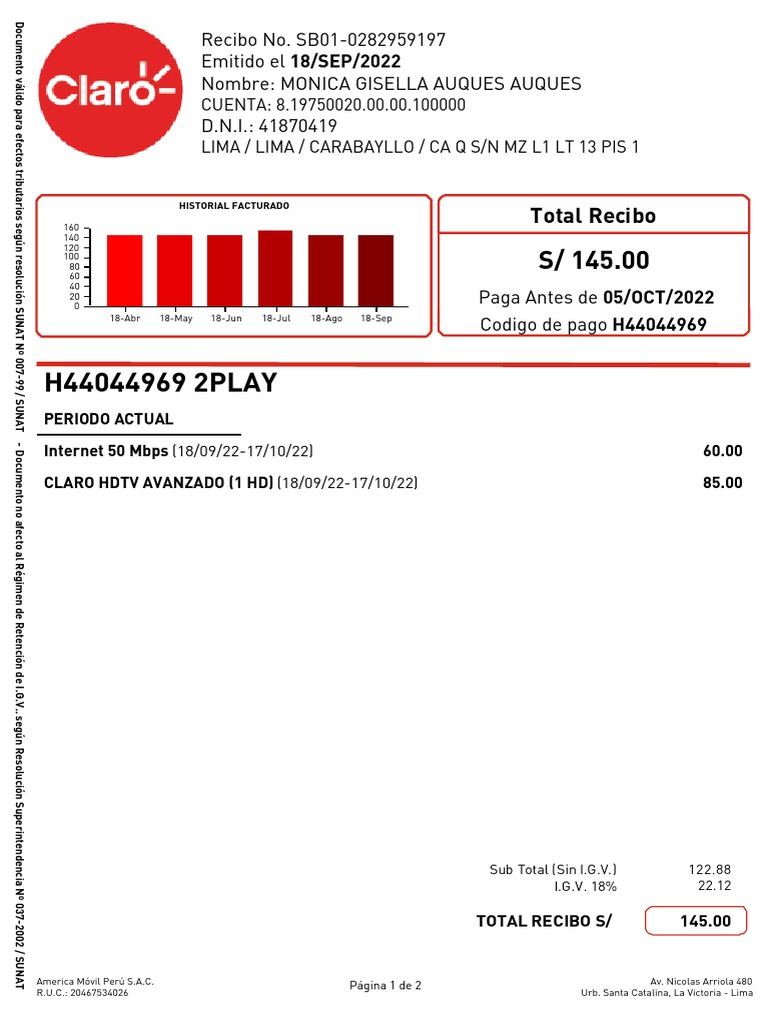 Recibo Claro: Internet y HDTV Sept 2022 | PDF | Telecomunicaciones ...