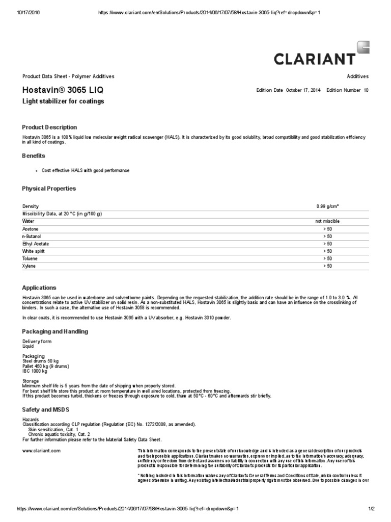Hostavin 3065 Liquid TDS | PDF | Liquids | Paint