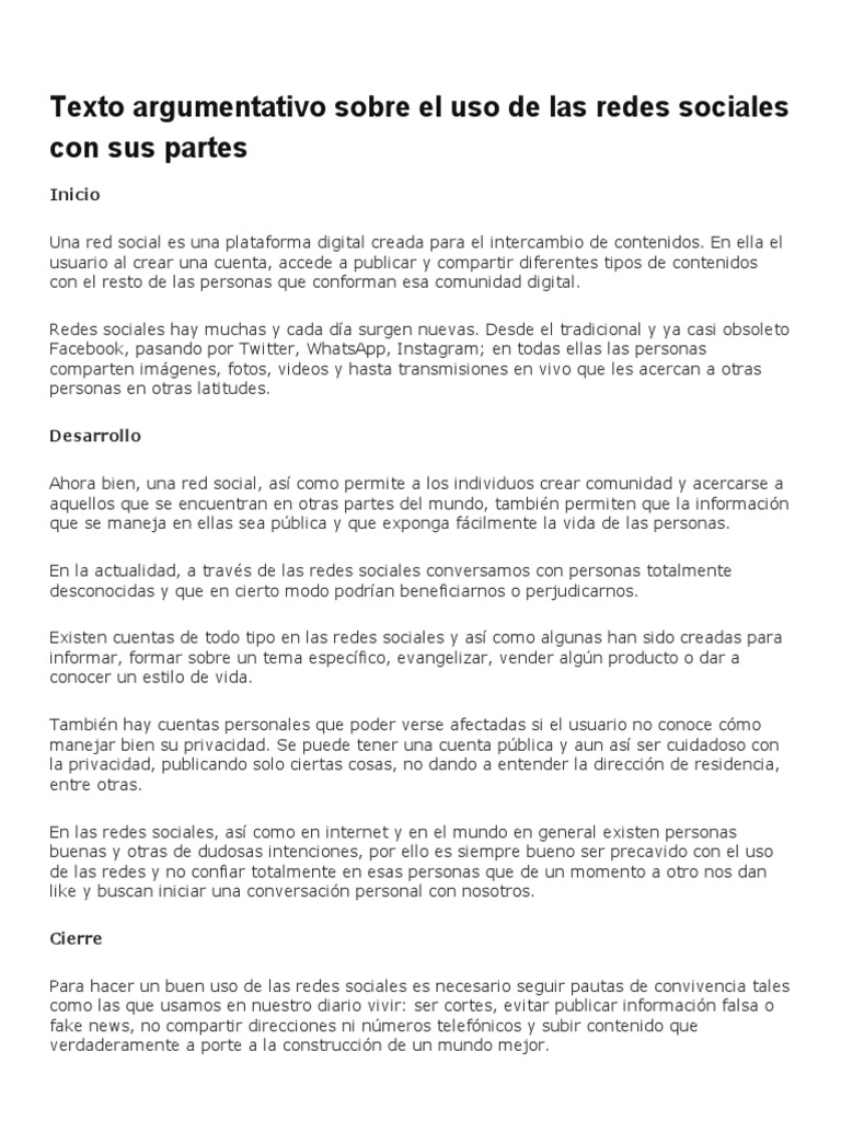 Texto Argumentativo Sobre El Uso de Las Redes Sociales Con Sus Partes | PDF
