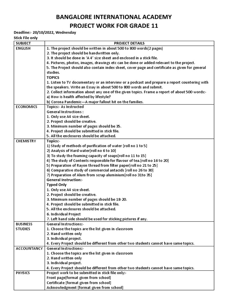 Project Details For Grade 11 | PDF