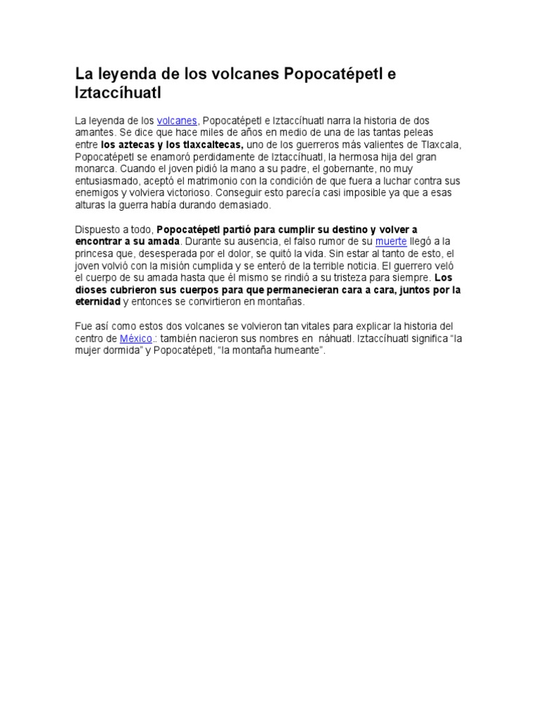 La Leyenda de Los Volcanes Popocatépetl e Iztaccíhuatl | PDF | Libros ...
