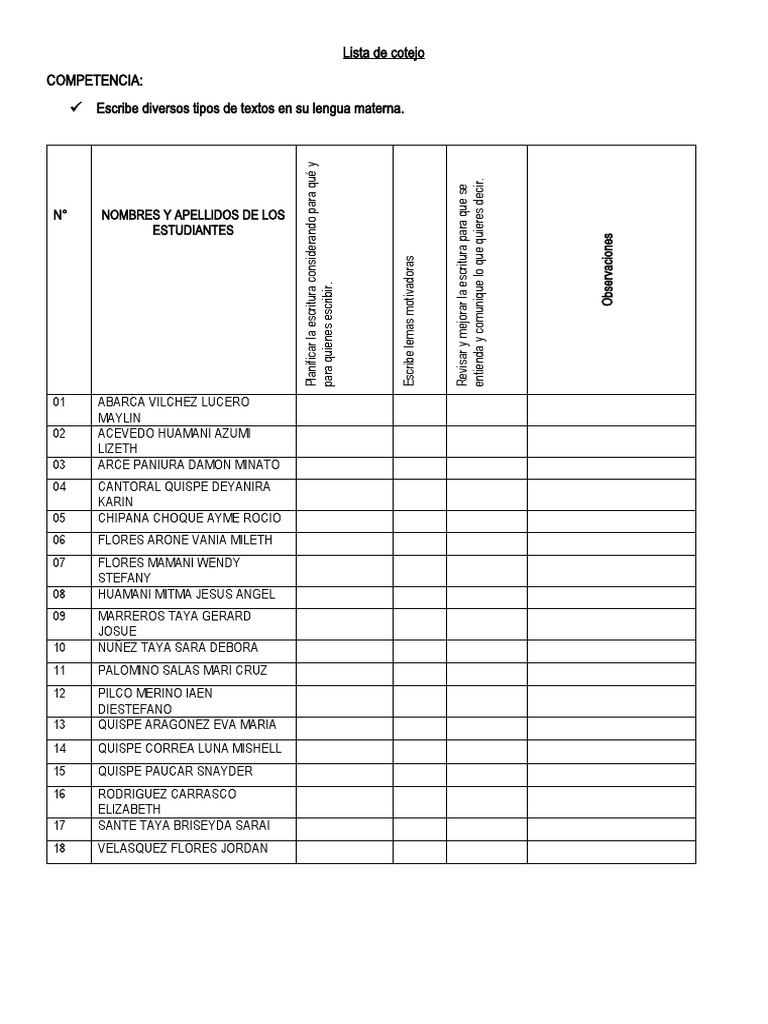 Cotejo de Competencias de Escritura y Lectura | PDF