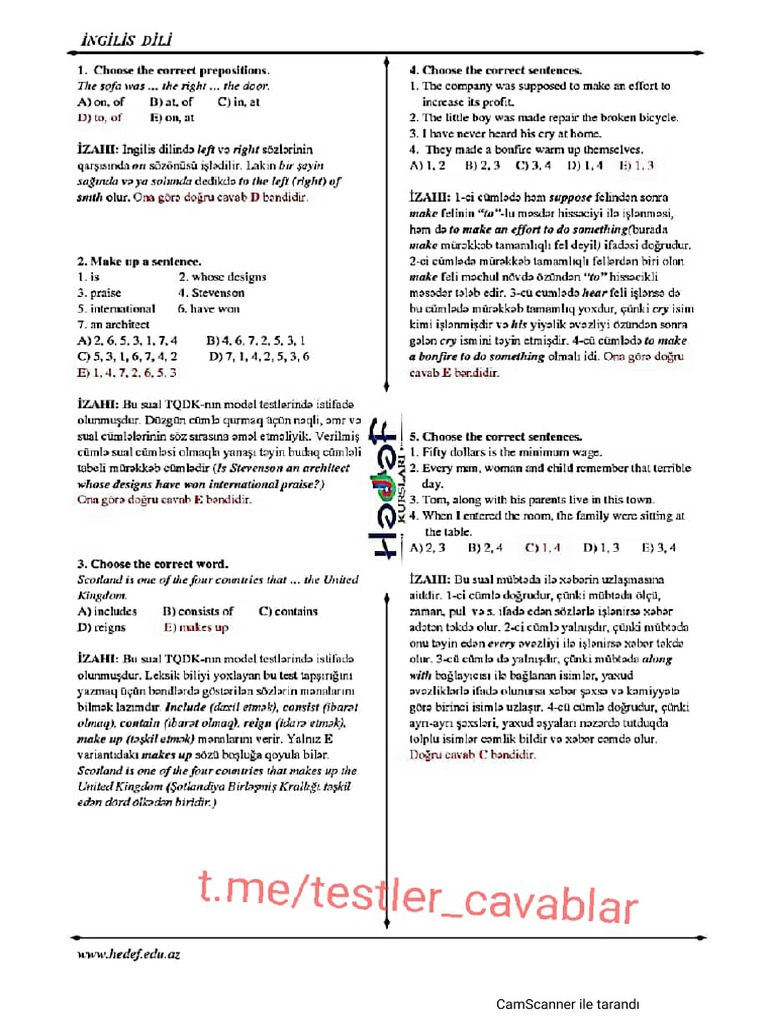 English Testler Ve Cavablar | PDF