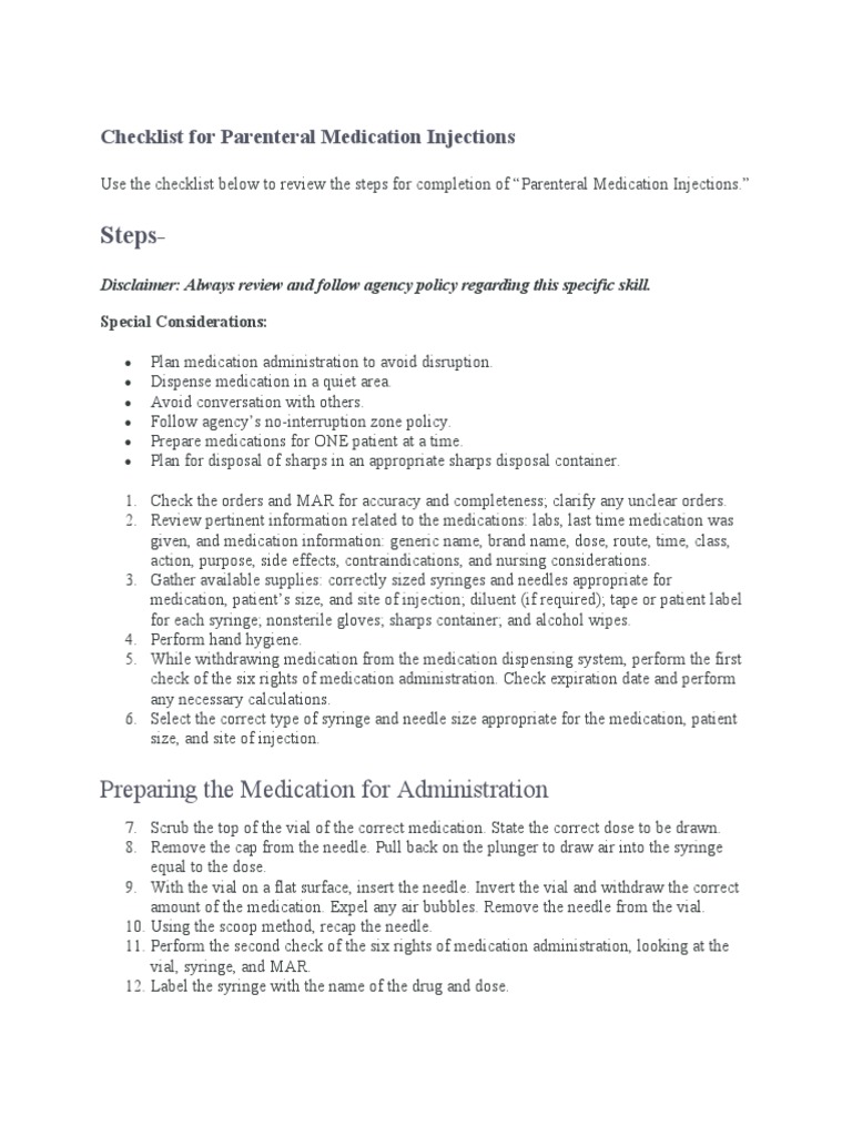 Checklist | PDF | Injection (Medicine) | Medicine