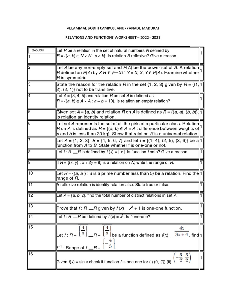 Analysis of Relations and Functions on Various Sets | PDF | Function (Mathematics) | Integer
