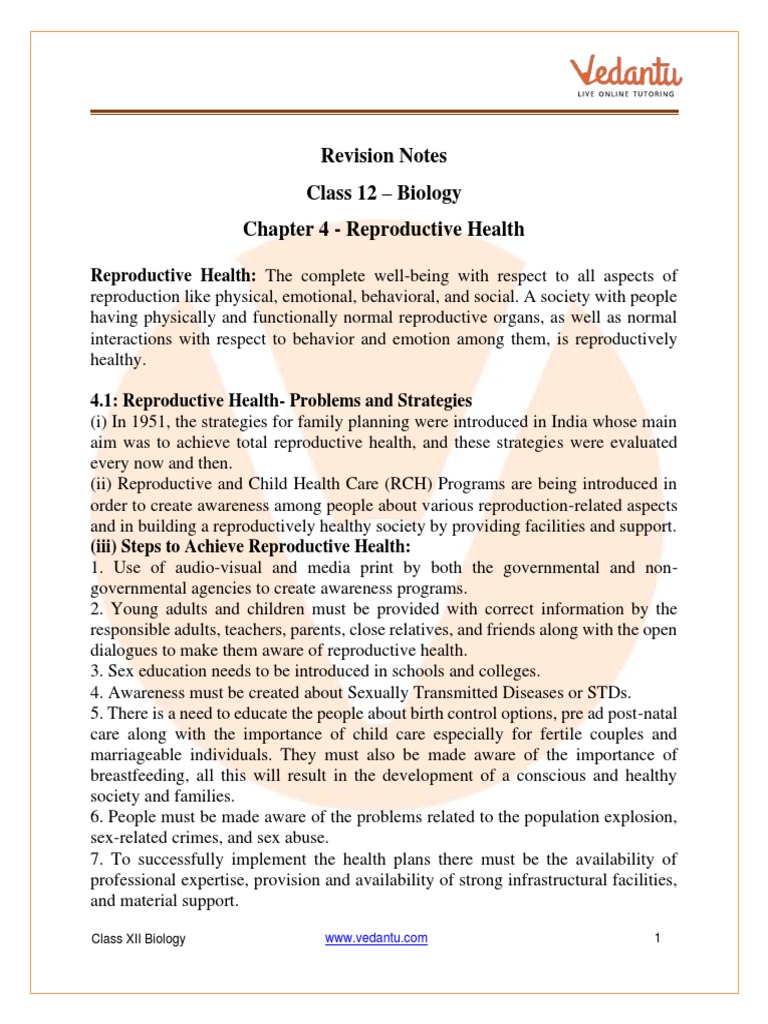 Class 12 Biology Chapter 4 Revision Notes | PDF | Sexually Transmitted ...