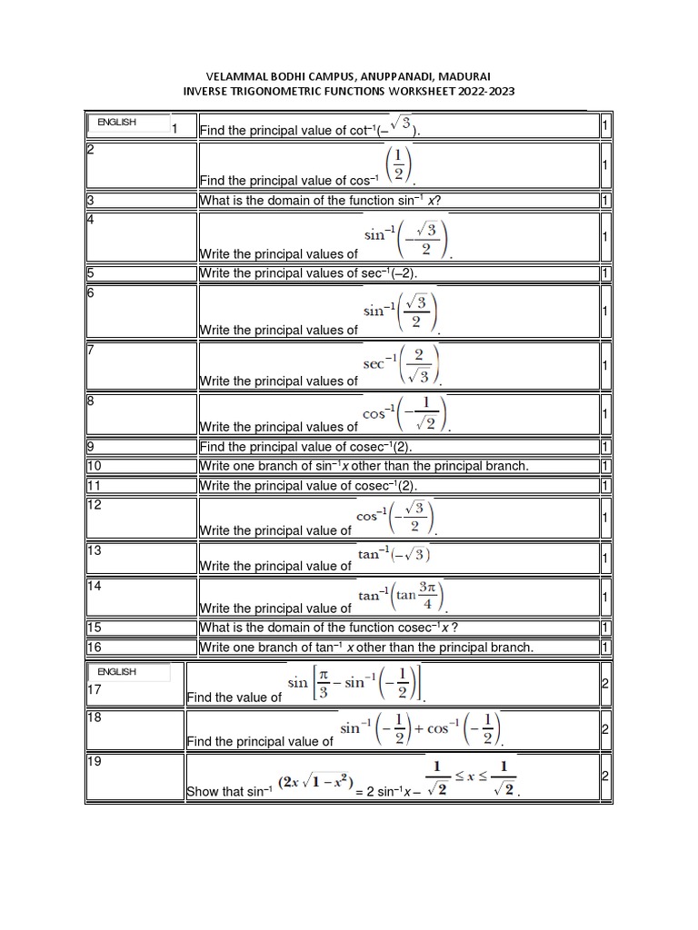 Itf Worksheet 2022-23 Questions | PDF | Trigonometric Functions | Function (Mathematics)