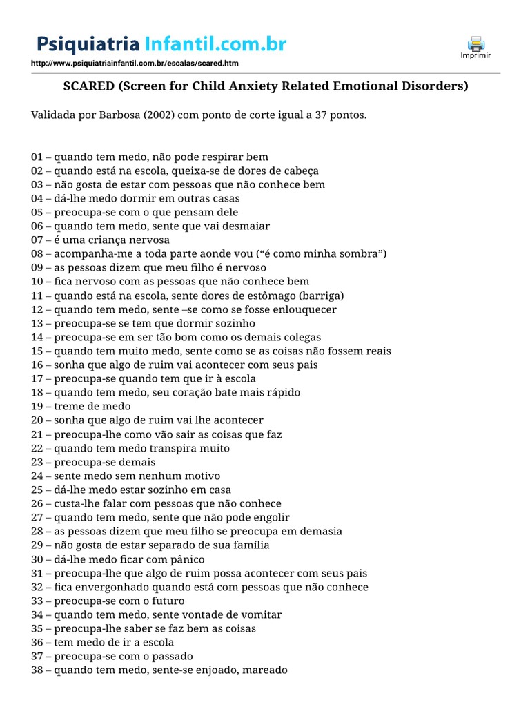 SCARED (Screen For Child Anxiety Related Emotional Disorders) | PDF