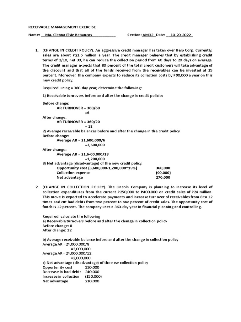 Receivable Management Exercise | PDF | Credit | Finance & Money Management