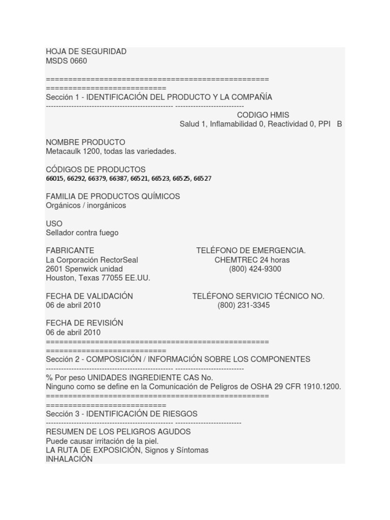 MSDS Sellador Cortafuegos | PDF | Agua | Residuos