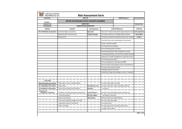 Risk Assessments For Formwork | PDF | Workplace | Safety