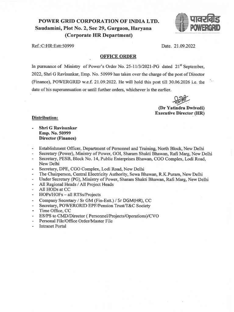 Joining Order Director Finance POWERGRID | PDF
